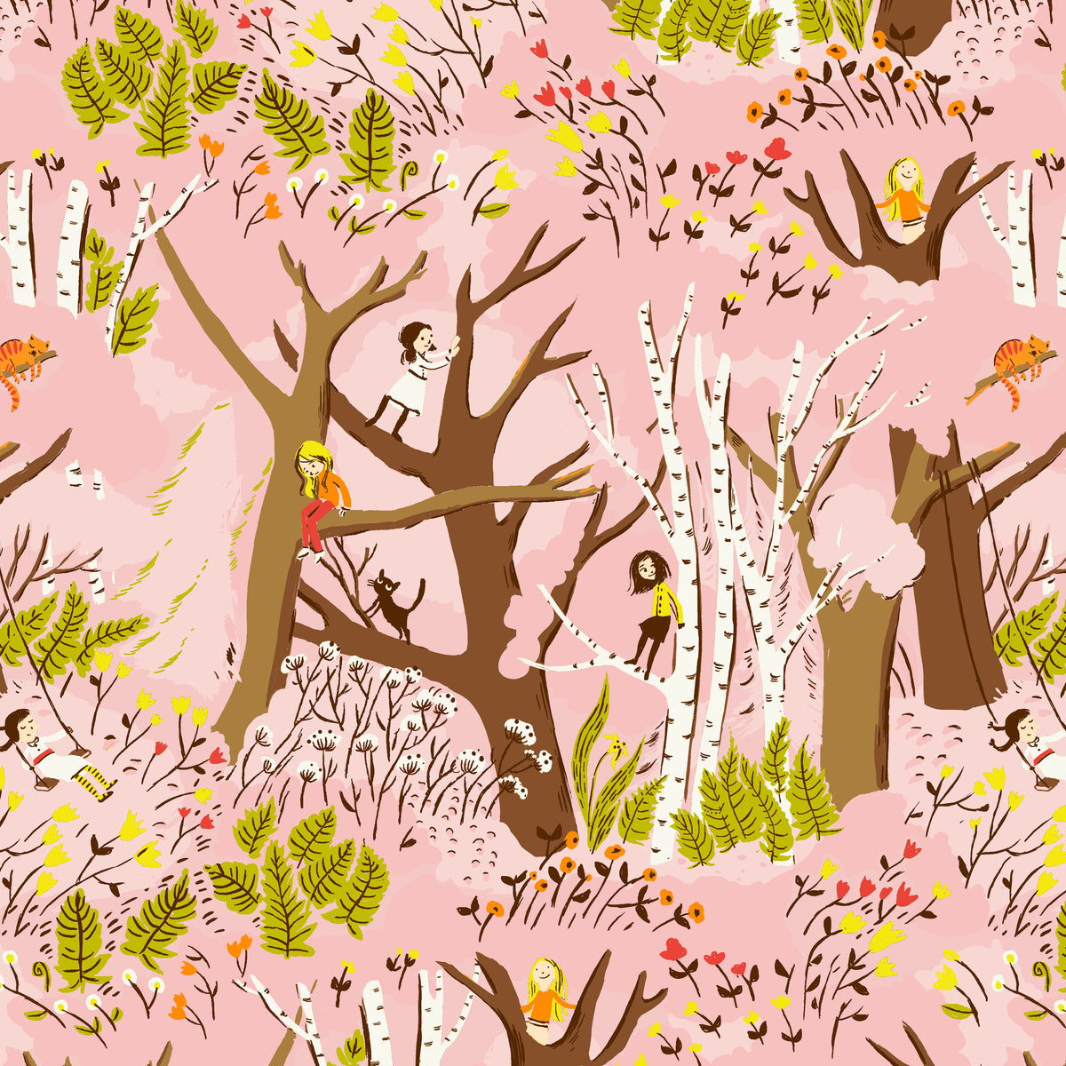 "Studio Edit" - Girls in Trees in Pink - Half Yard – Whim So Doodle
